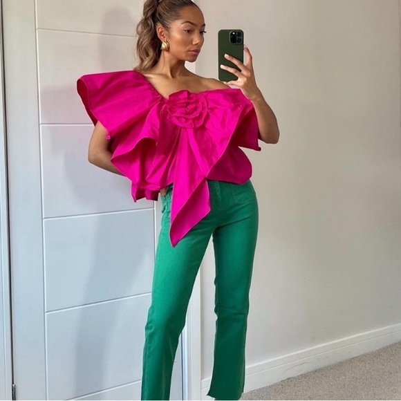 Zara | Tops | Zara Pink Voluminous Ruffle Asymmetric Top | Poshmark